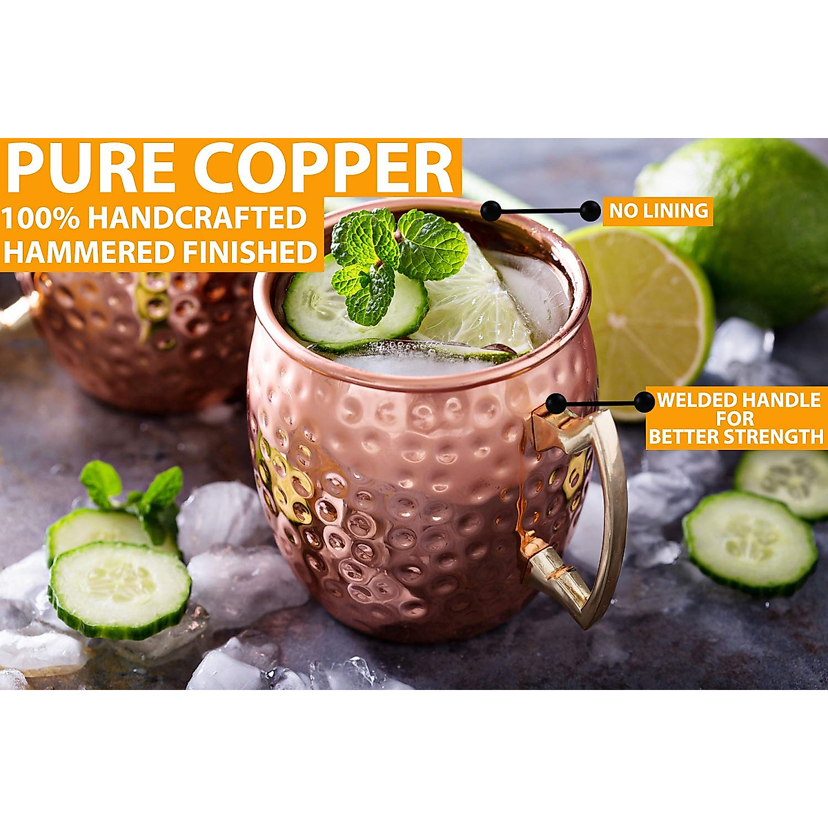 Gold Armour Moscow Mule Copper Mugs - Set of 4-100% HANDCRAFTED Solid Copper Mugs, Gift set with 4 Copper Straws and Jigger