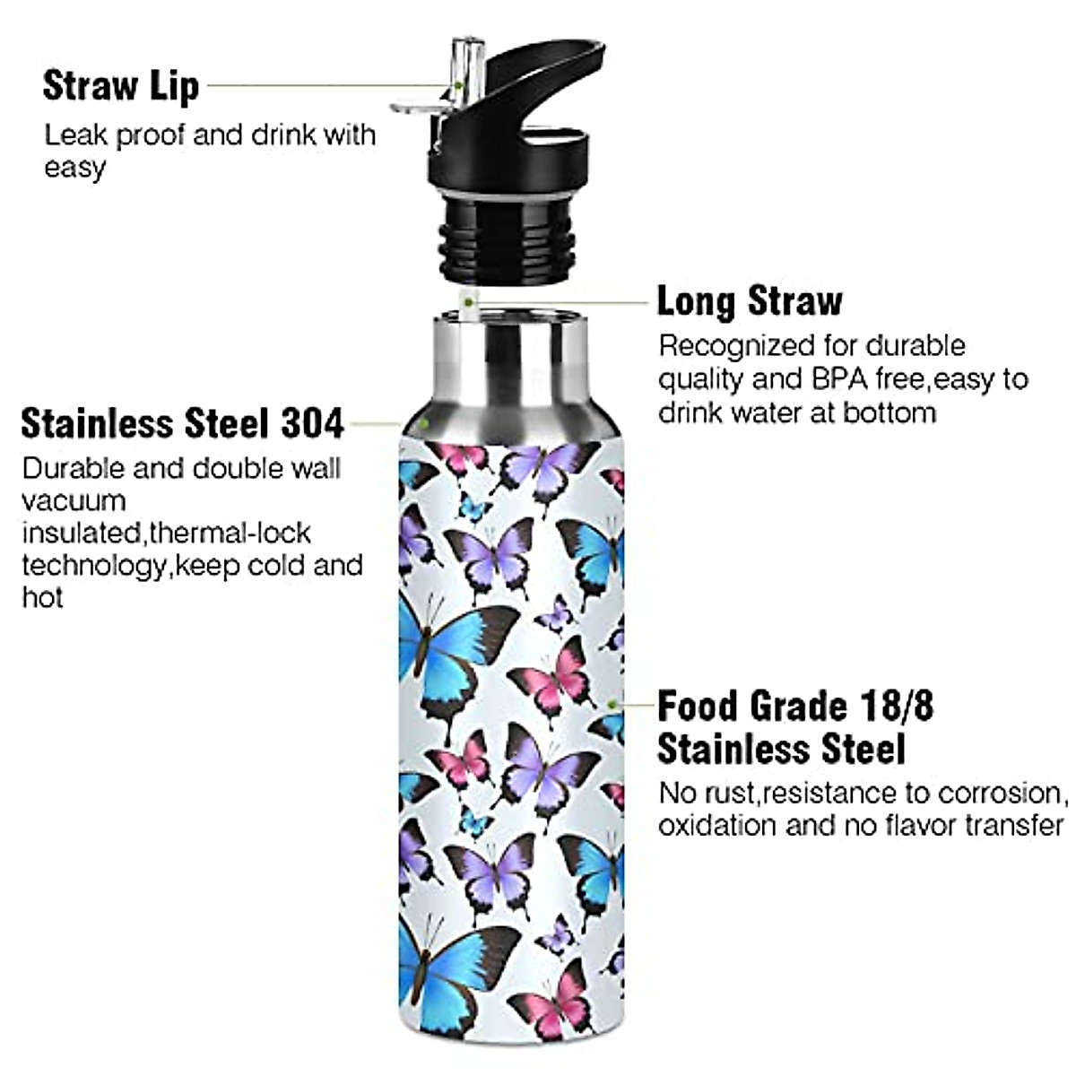 Vnurnrn Art Cute Insect Butterfly Sports Water Bottles with Straw Insulated Stainless Steel Vacuum Flask Keeps Hot and Cold for Kids Adult Travel