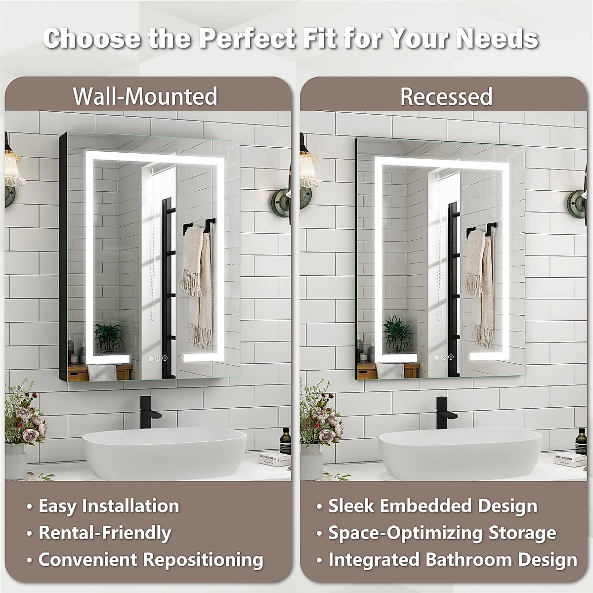 Klajowp LED Lighted Bathroom Medicine Cabinet with Mirror, 24x32 Inch Medicine Cabinet with Mirror, Recessed or Surface Bathroom Medicine Cabinet with Lights, Medicine Cabinet Mirror Black, Anti-Fog