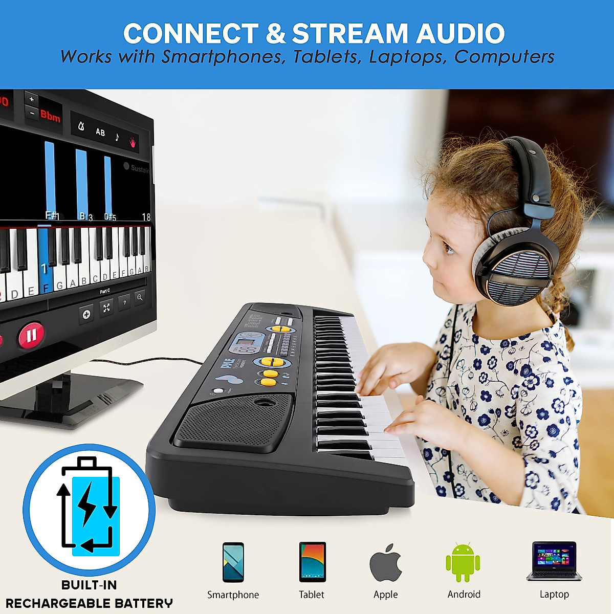 Pyle Electric Keyboard 61 Keys-Portable Digital Musical Karaoke Piano Keyboard-10 Rhythms 16 Tones, Stereo Speakers, Rechargeable Battery-Wired Microphone-Beginners Kids (PKBRD6112)