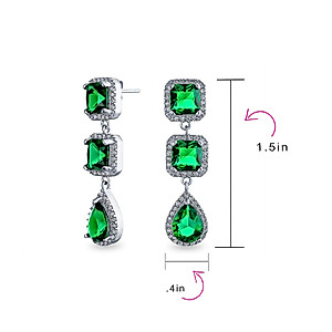 Long Geometric Simulated Emerald Green Teardrop CZ Statement Chandelier Earrings For Women For Prom Silver Plated