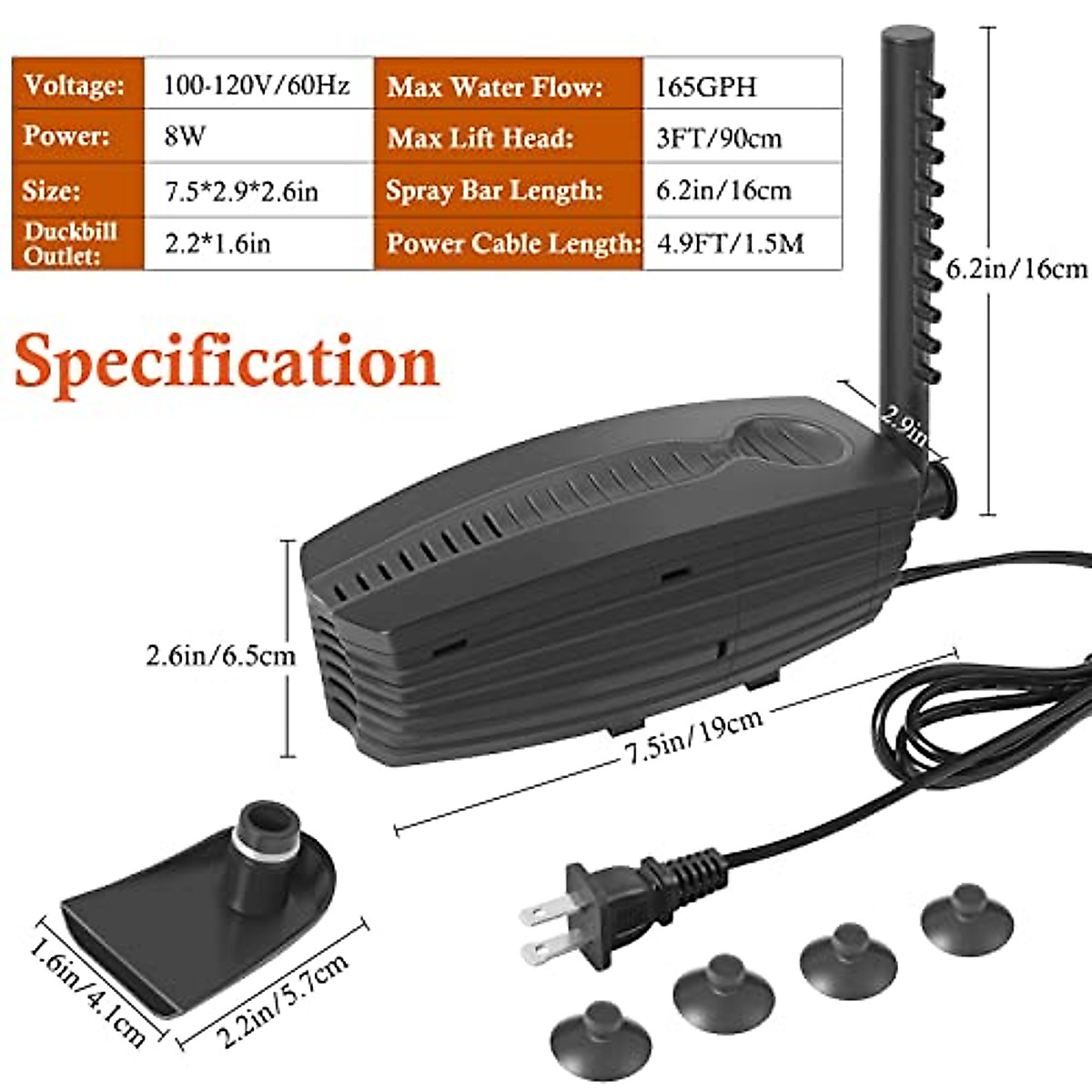 FEDOUR 165GPH Aquarium Filter, 8W Adjustable Fish Tank Filter Pump, Submersible Internal Filter for 10-50 Gallon Tank, with Biochemical Cotton, Activated Carbon Cotton, Ceramic Balls