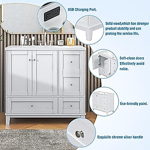 Polibi 36" Modern Bathroom Vanity with USB Charging, Two Doors and Three Drawers Bathroom Storage Vanity Cabinet, Small Bathroom Vanity Cabinet with Single Sink, White, Faucets Not Included