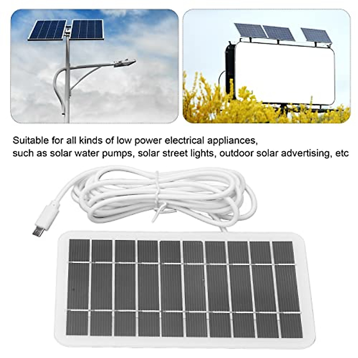 Solar Panel Charger,2W USB Mini Solar Panel, 5V Polysilicon Low Power Electrical Appliances Solar Charger with 9.8 Foot USB Cable, for Mobile Phone, Water Pumps, Street Lights etc, 2W USB Mini S