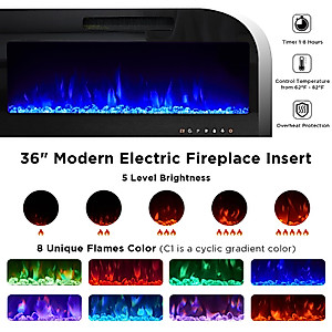 AMERLIFE Fireplace TV Stand with 36" Fireplace, 70" Modern High Gloss Entertainment Center LED Lights, U-Shaped Legs TV Console Cabinet for TVs Up to 80", White