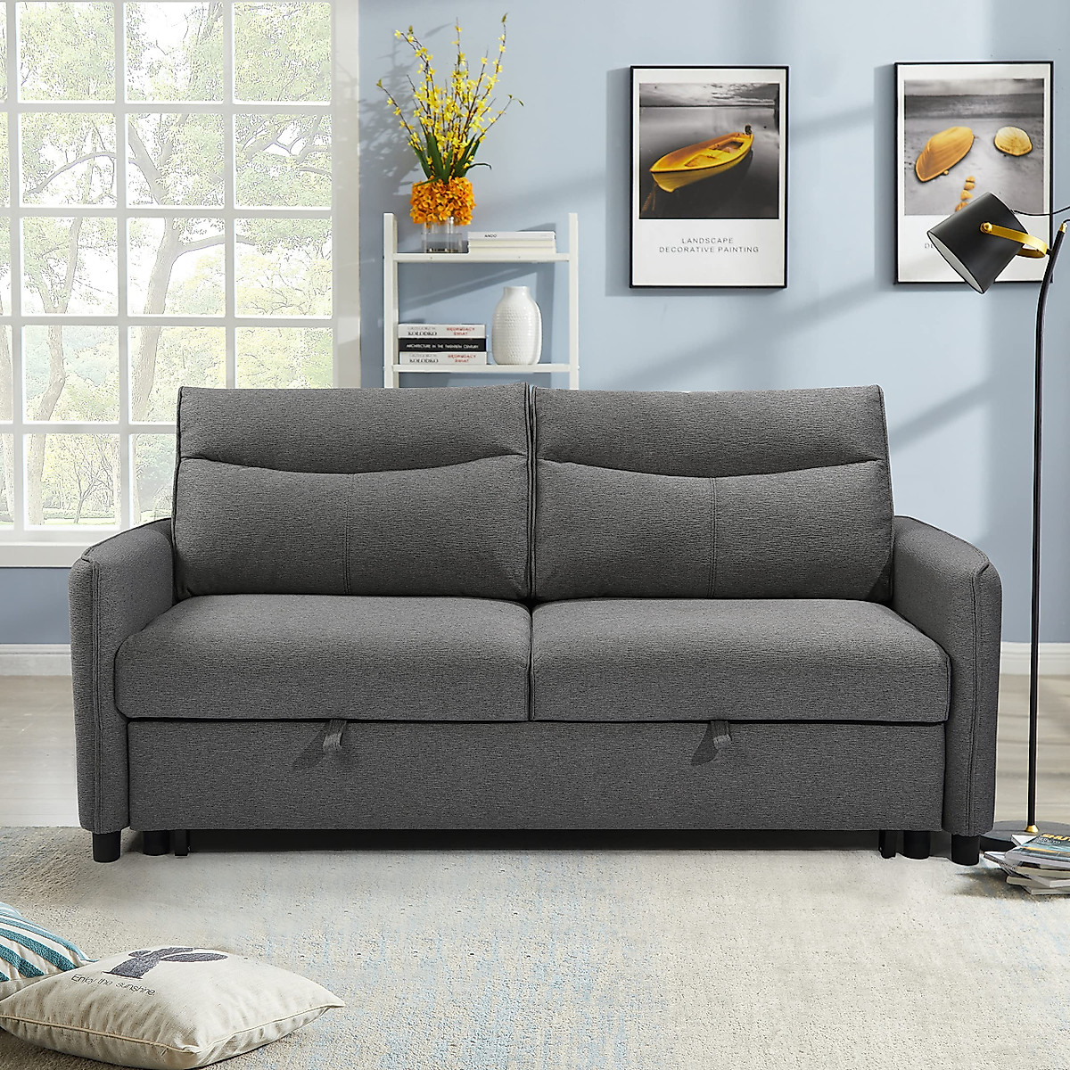 Verfur Sofa 3 in 1 Convertible Sleeper Loveseat Sofabed, Futon Couch with Pullout Bed, 2 Seater Small Love Seat Lounge with Reclining Backrest, Living Room Furniture for Home Office, Grey Queen Size