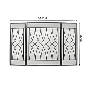 Large Metal 3-Panel Fireplace Screen Black Decorative Wrought Iron Mesh Fireplace Gate 51''(L) x 32''(H)
