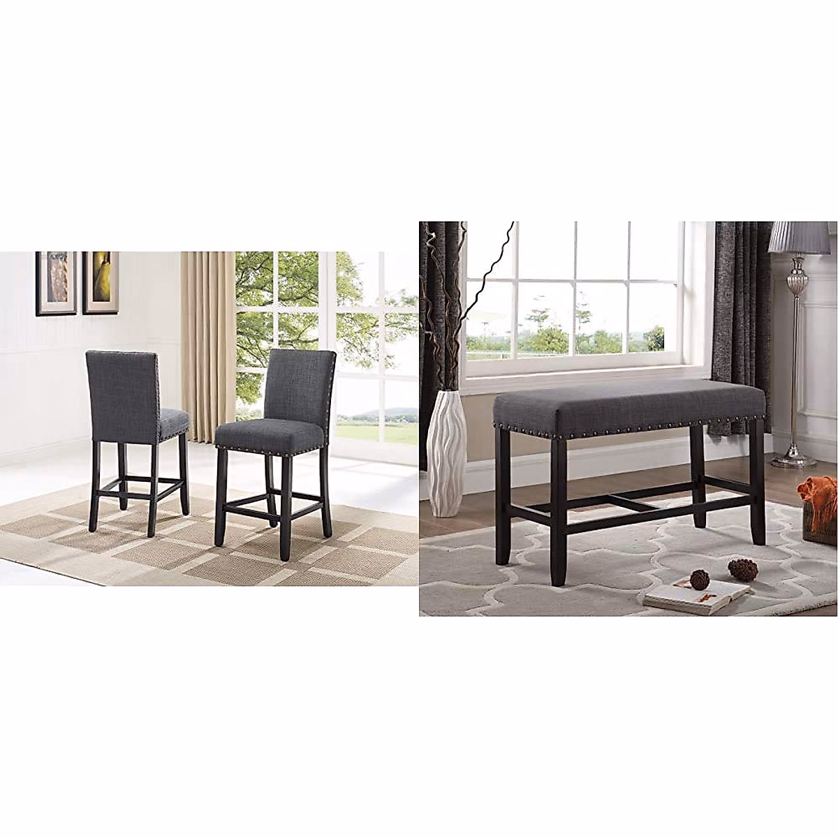 Roundhill Furniture Biony Gray Fabric Counter Height Stools with Nailhead Trim, Set of 2 Biony Fabric Counter Height Dining Bench with Nailhead Trim, Grey