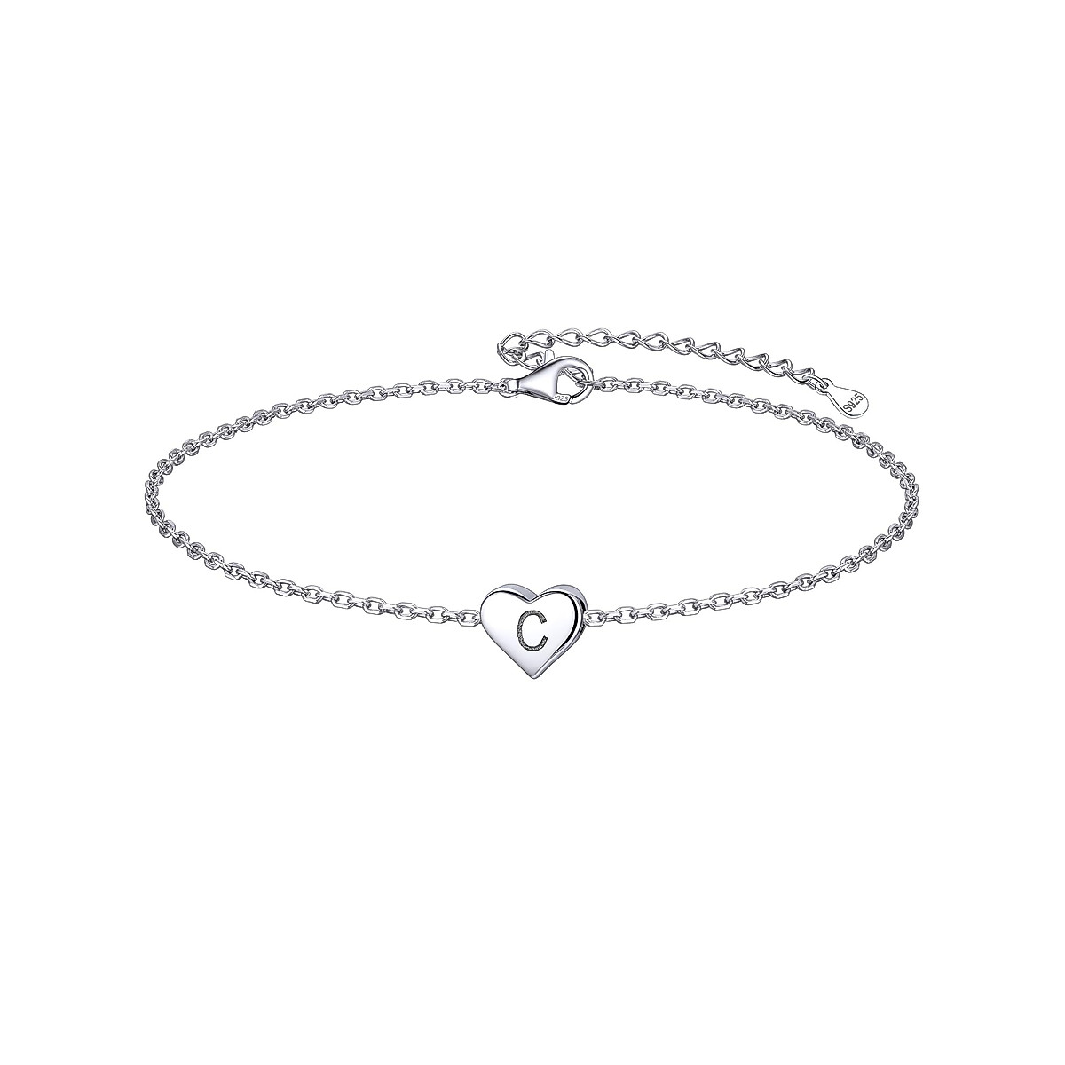 ChicSilver Womens Heart Bracelet 925 Sterling Silver Simple Letter C Alphabet Heart Charm Bracelet Dainty Heart Initial Bracelet