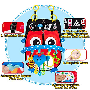 teytoy Baby Car Toys Rear Facing, Adjustable Car Seat Toys Double Sided Car Seat Toys for Babies 6-12 Months with Mirror, Teether, Sensory Pull String Toy and Squeakers, Baby Car Toys Travel Toys