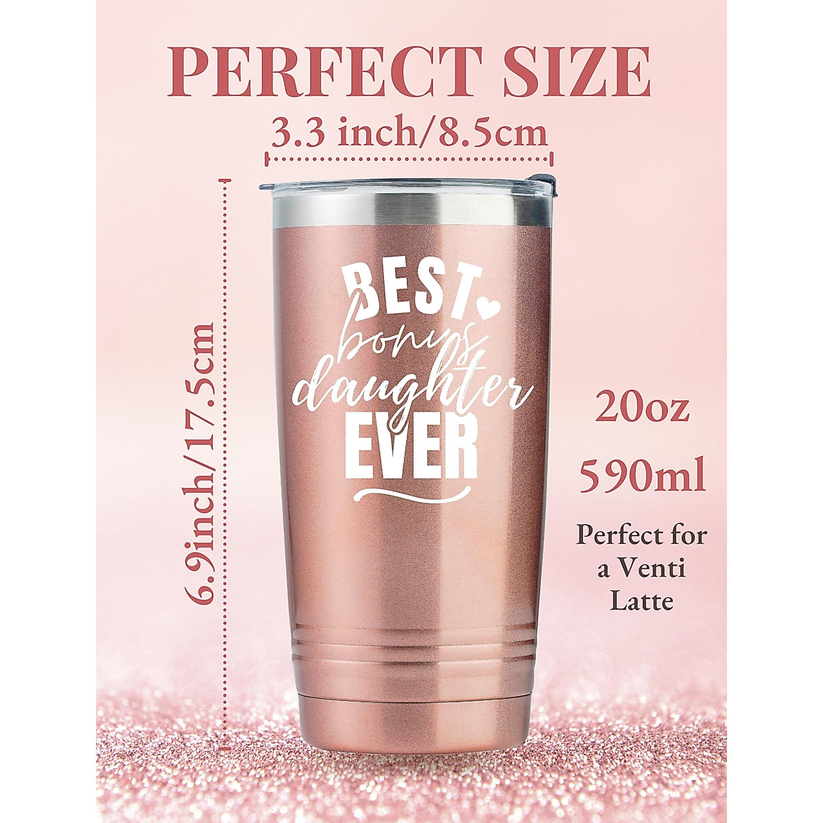Onebttl Bonus Daughter Gift - 20oz Stainless Steel Travel Mug With Lid and Straw, Rose Gold - Best Bonus Daughter Ever for Birthday, Christmas or Thanksgiving