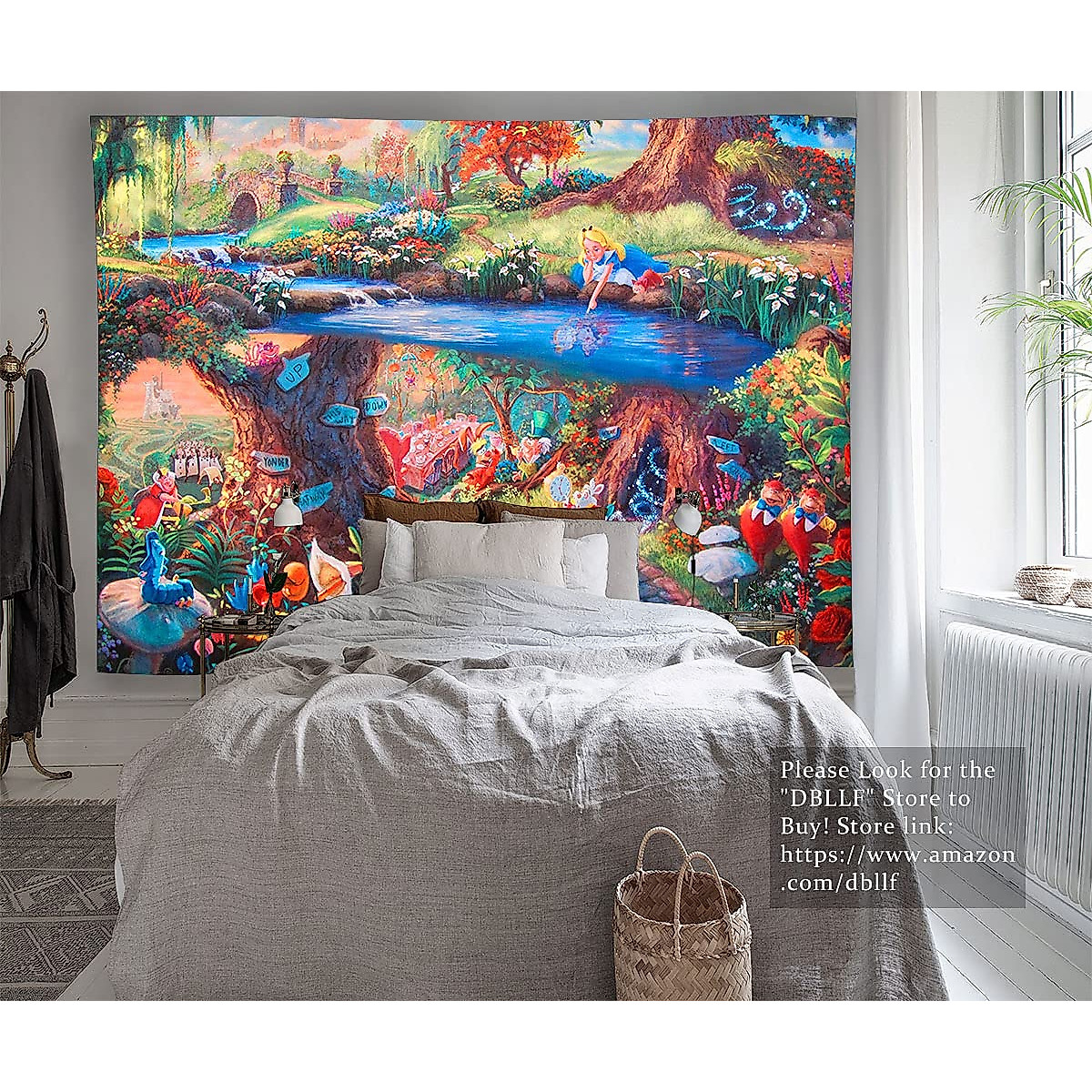 DBLLF Fairytale Forest Tapestry Wonderland Tapestry 100x90 Giant Tapestry Rabbit Motion Cups Hearts and Flower Character Cartoon Style Wide Wall Hanging for Home Decor GTLSDB72