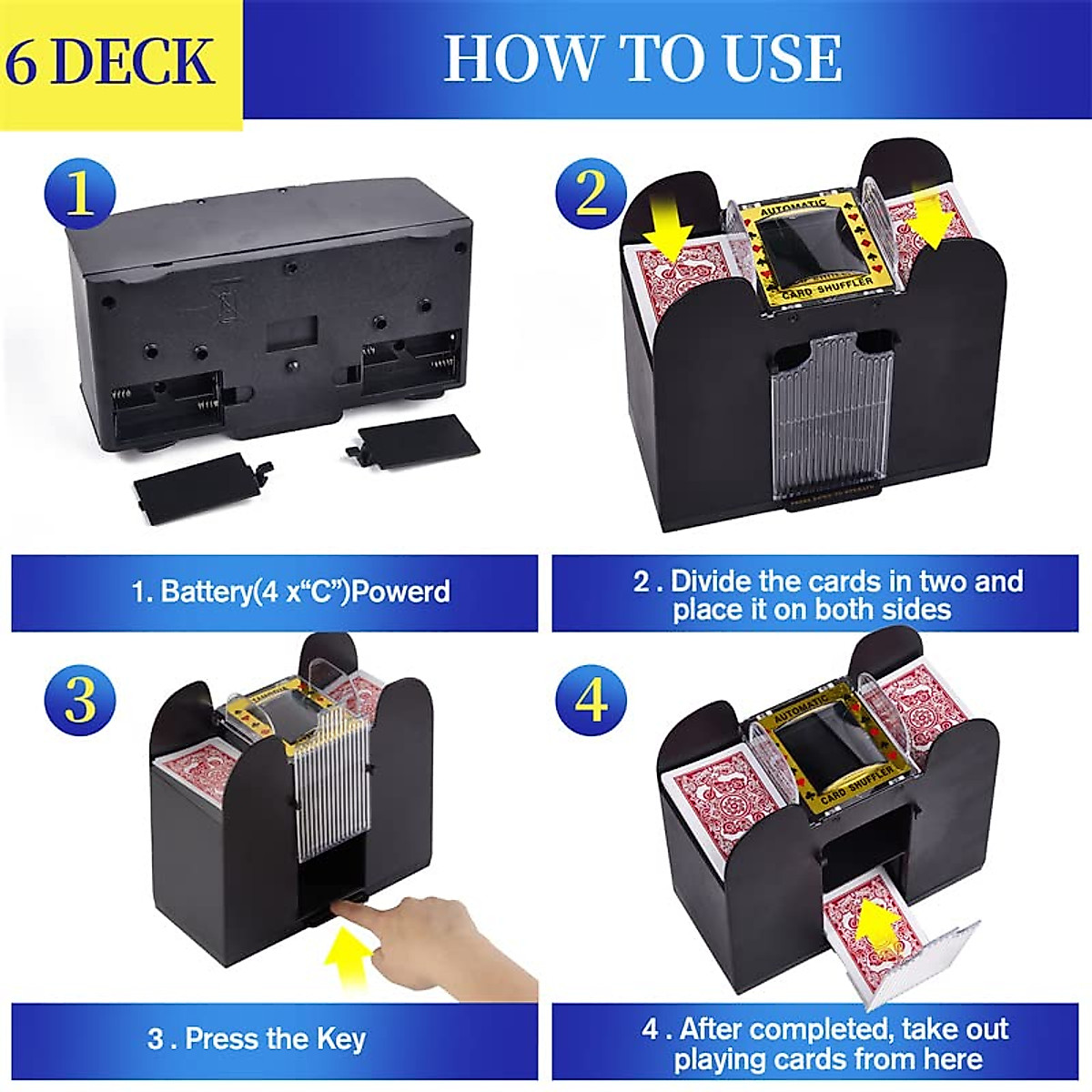 FONBEAR Automatic Card Shufflers 6 Deck (Playing Cards Included) - Battery-Operated Electric Shuffler Heavy Duty - Great for Casino, Home & Tournament Use for UNO, Blackjack, Texas Hold'em, Phase 10