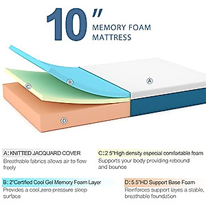 Molblly Queen Size Mattress, 10 inch Cooling-Gel Memory Foam Mattress in a Box, Fiberglass Free,Breathable Bed Mattress for Cooler Sleep Supportive & Pressure Relief， 60" X 80" X 10"