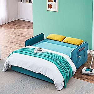 Merax 54" Velvet Pull Out Sleep Sofa Bed,Blue Green Velvet Sleeper Bed with Two Pillows,Loveseats Sofa Couch with Adjustable Backrest for Living Room Small Spaces