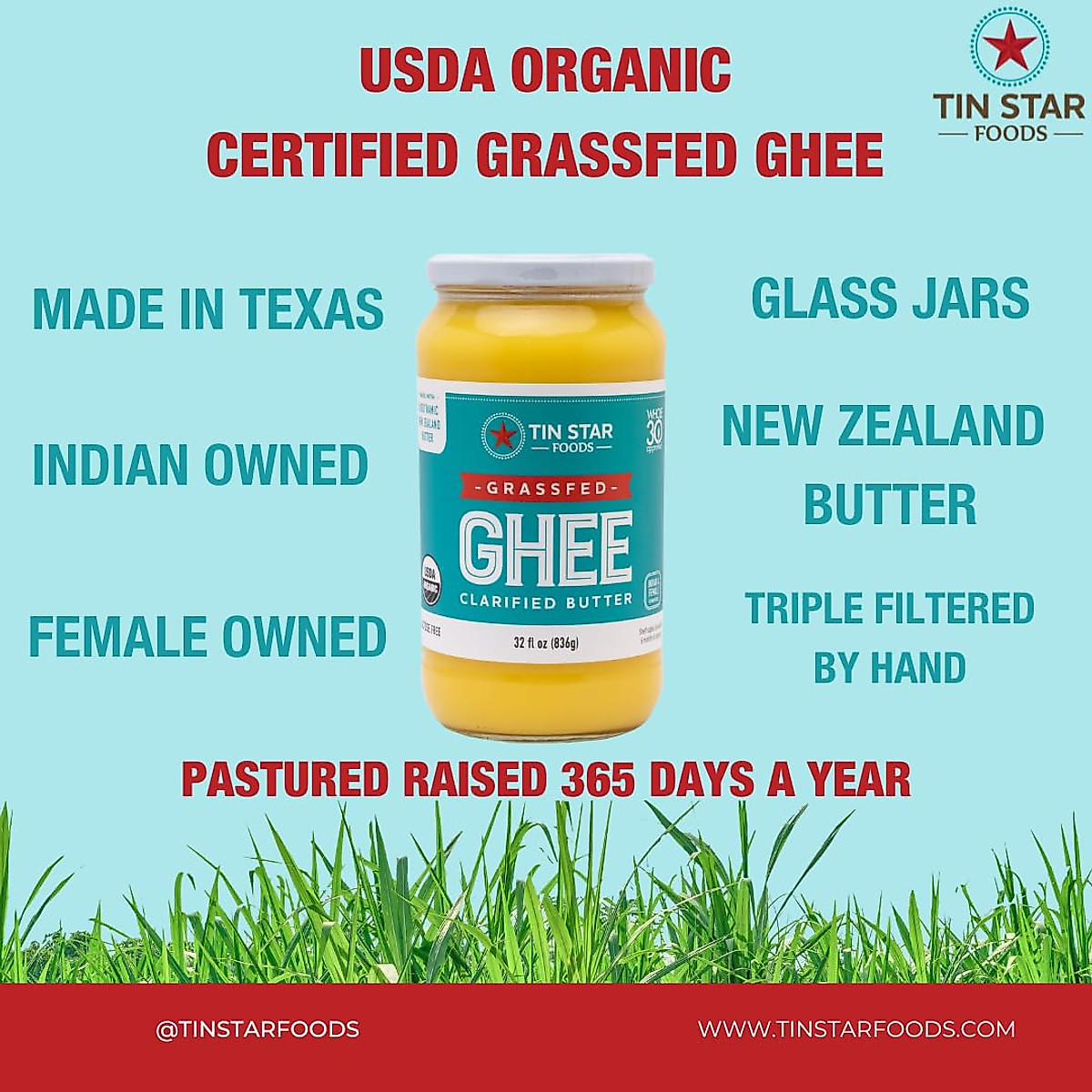 Tin Star Foods Grassfed Organic Ghee –365 Pasture Grazed, Hand Crafted Clarified Butter – Keto, Whole 30 and 21 Day Detox Approved, Lactose Free, Casein Free, – 32 fl oz