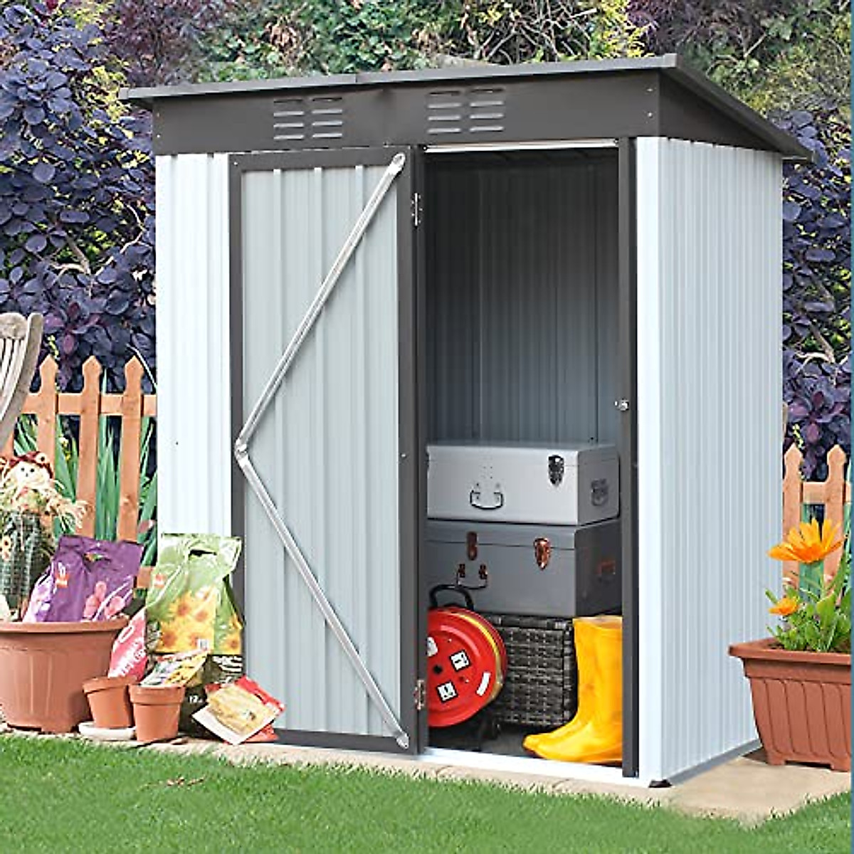 EMKK 5'x 3'Outdoor Storage Shed with Singe Lockable Door,Galvanized Metal Shed with Air Vent Suitable for The Garden,Tiny House Storage Sheds Outdoor for Backyard Patio Lawn