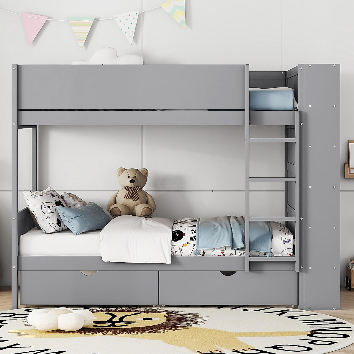 Harper & Bright Designs Twin Over Twin Bunk Beds with Storage Drawers & Bookshelves, Wood Bunk Bed Frame with Guardrails & Ladder for Kids, Teens, Adults (Gray)