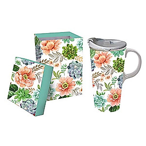 Cypress Home Fresh Succulents Ceramic Travel Cup - 5 x 7 x 4 Inches
