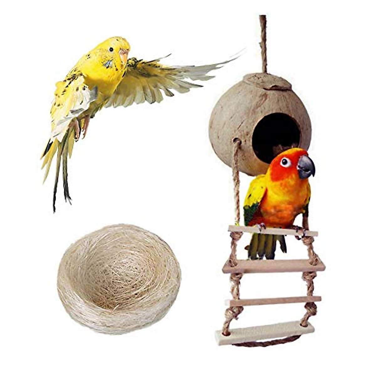 Bird Nest for Parakeets Naturals Coco Parrot Breeding Box Lovebird House Cage Play Hanging Toy with Ladder for Budgies Parakeet Cockatiels Conure Canary Finch Pigeon