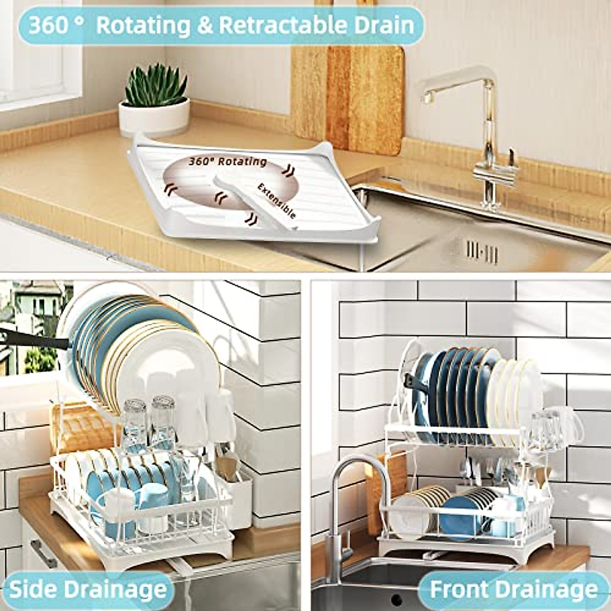 ParkNbuy Dish Drying Rack,2-Tier Detachable Dish Racks for Kitchen Counter,Large Capacity Dish Drying Rack Drainboard Set with Utensil Pots Holder and Cutting Board Holder White