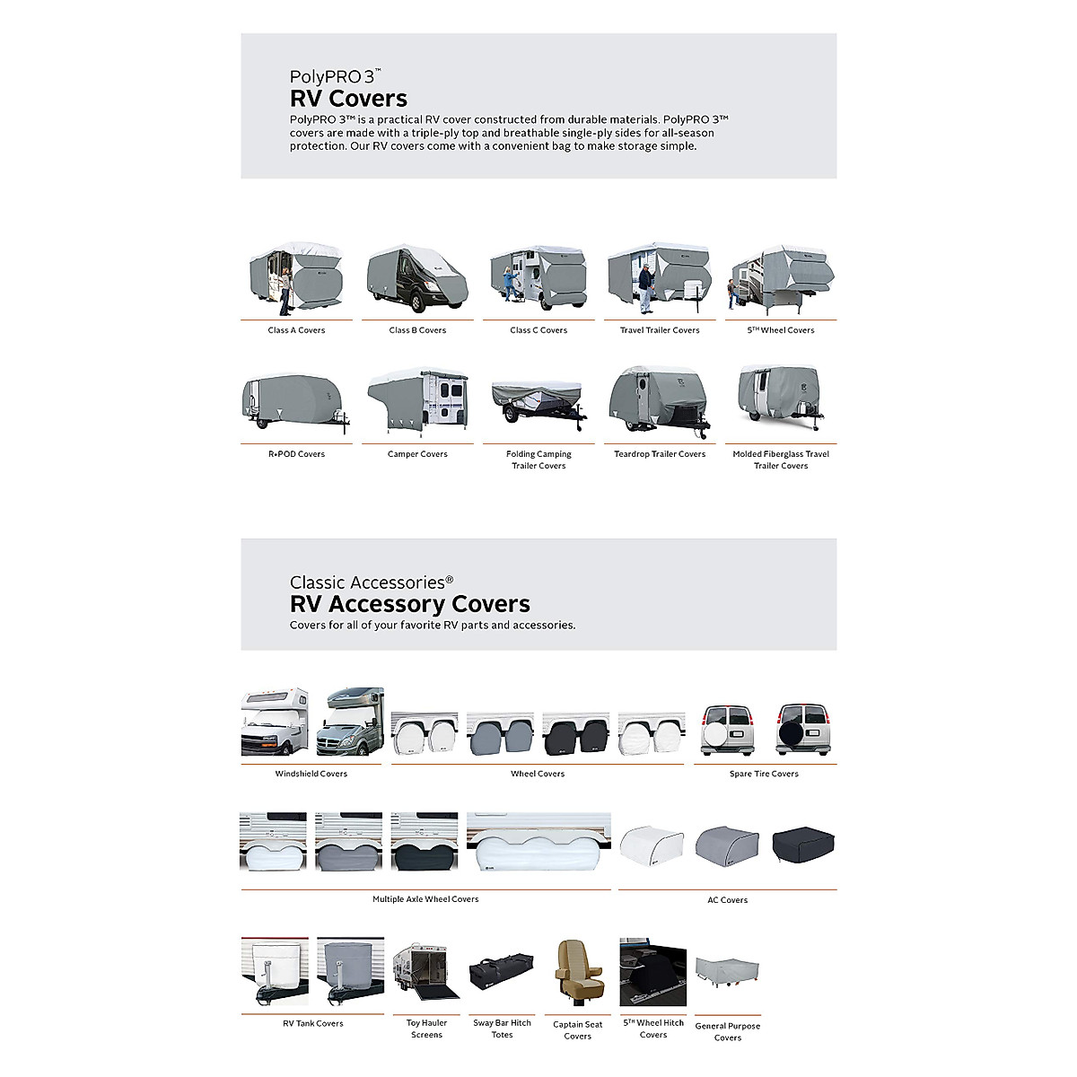 Classic Accessories Over Drive PolyPRO3 Deluxe Sloped Travel Trailer Cover, 19-21', Grey/Snow White