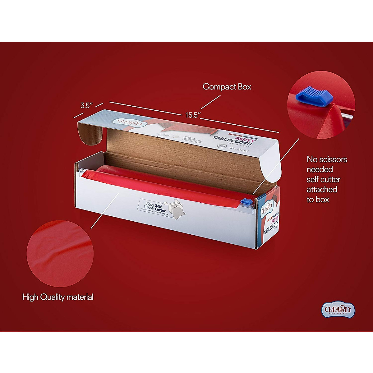 Disposable Table Cover: Durable Plastic Indoor/Outdoor Tablecloth 100' X 52" with Easy to Use Safe Cutter for Patio, Parties, Barbecue & Kitchen Table (Ruby Red)