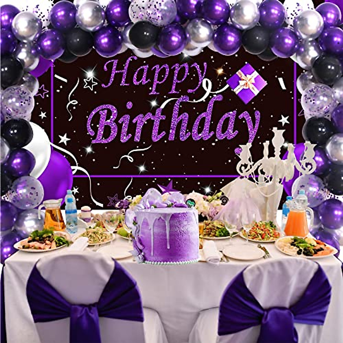 Black Purple Birthday Decorations, Happy Birthday Backdrop for Women Girls Men 13th 16th 18th 21st 30th 40th 50th 60th Birthday Party Decorations Purple, Black Silver and Purple Balloon Arch Kit