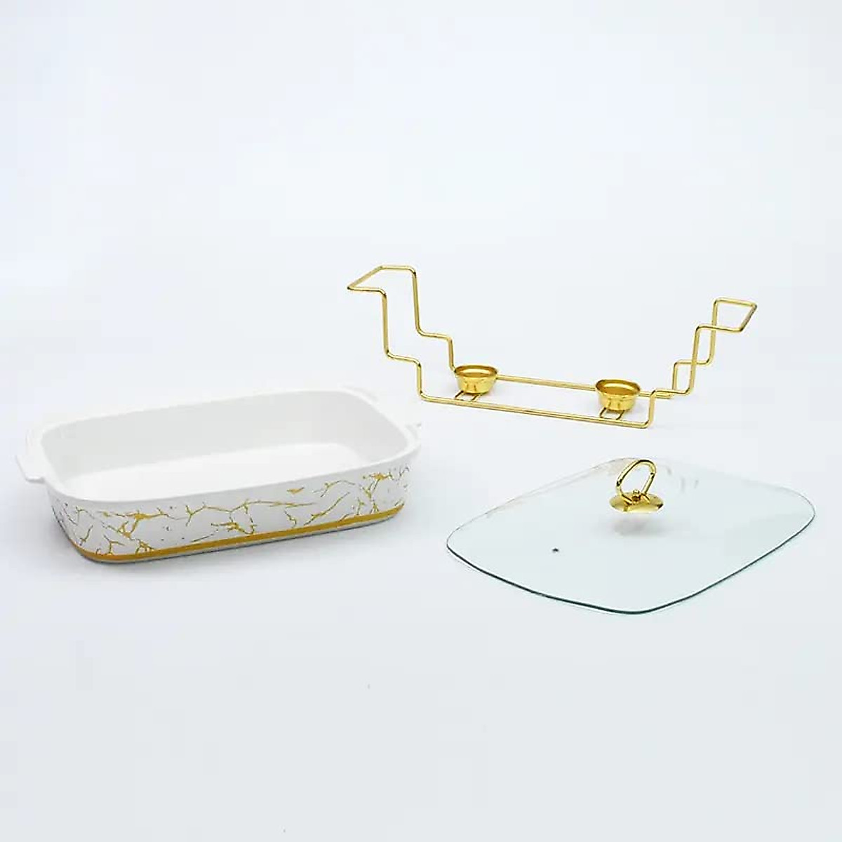 HONHPD 3PCS Rectangular Porcelain Casserole Warming Trays for Food, Ceramics Chafers, and Buffet Warmers Sets, Ceramics Chafing Dish Buffet Set, Gold Plating Serving Dishes(11inch.13inch.15inch）