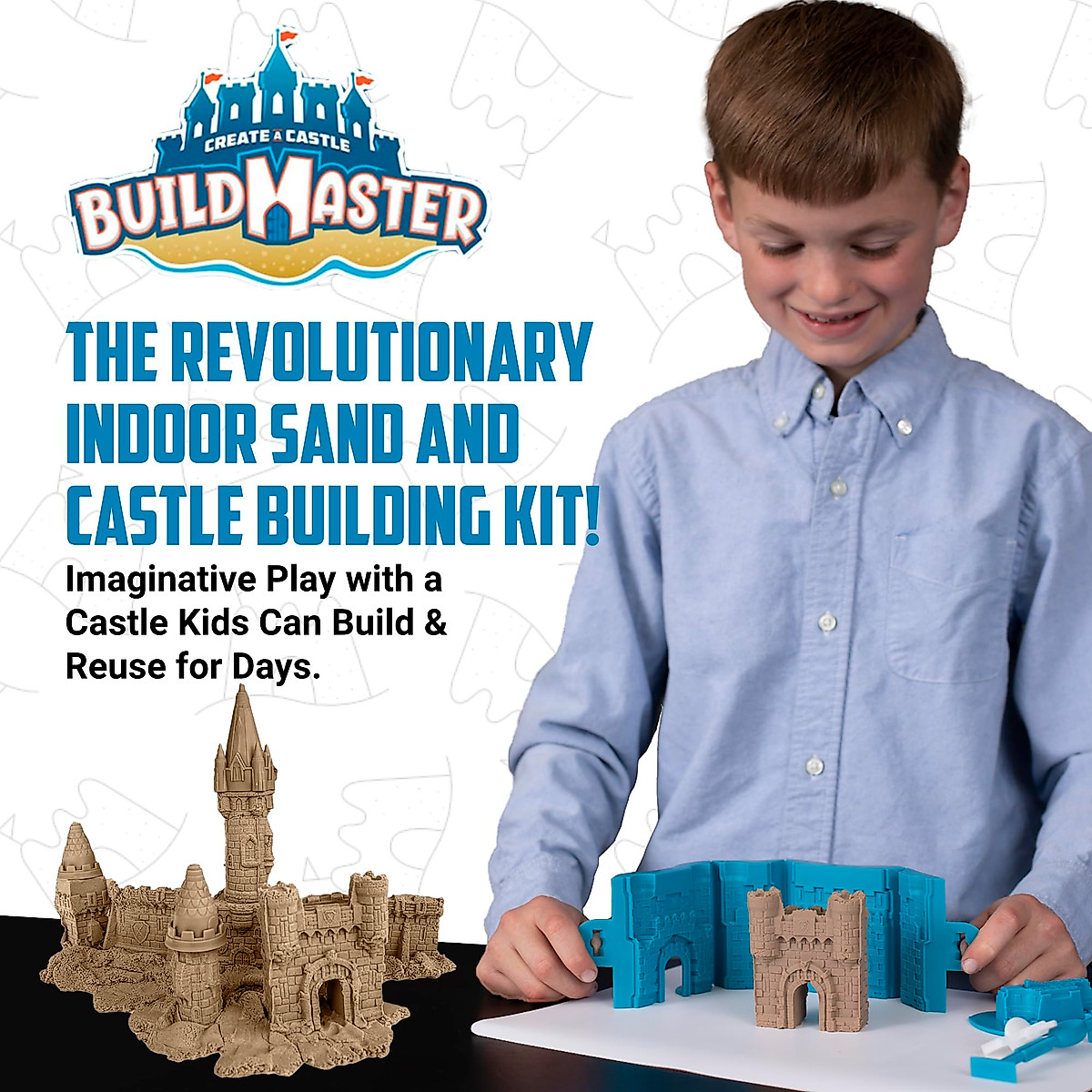 Create A Castle Indoor Sandcastle Play Sand Kit, 2.65 lbs Sensory Play Sand, BuildMaster Reusable Castle Magic Sand Toy Set for Kids, 25 Pieces and Playmat, for Kids 6+