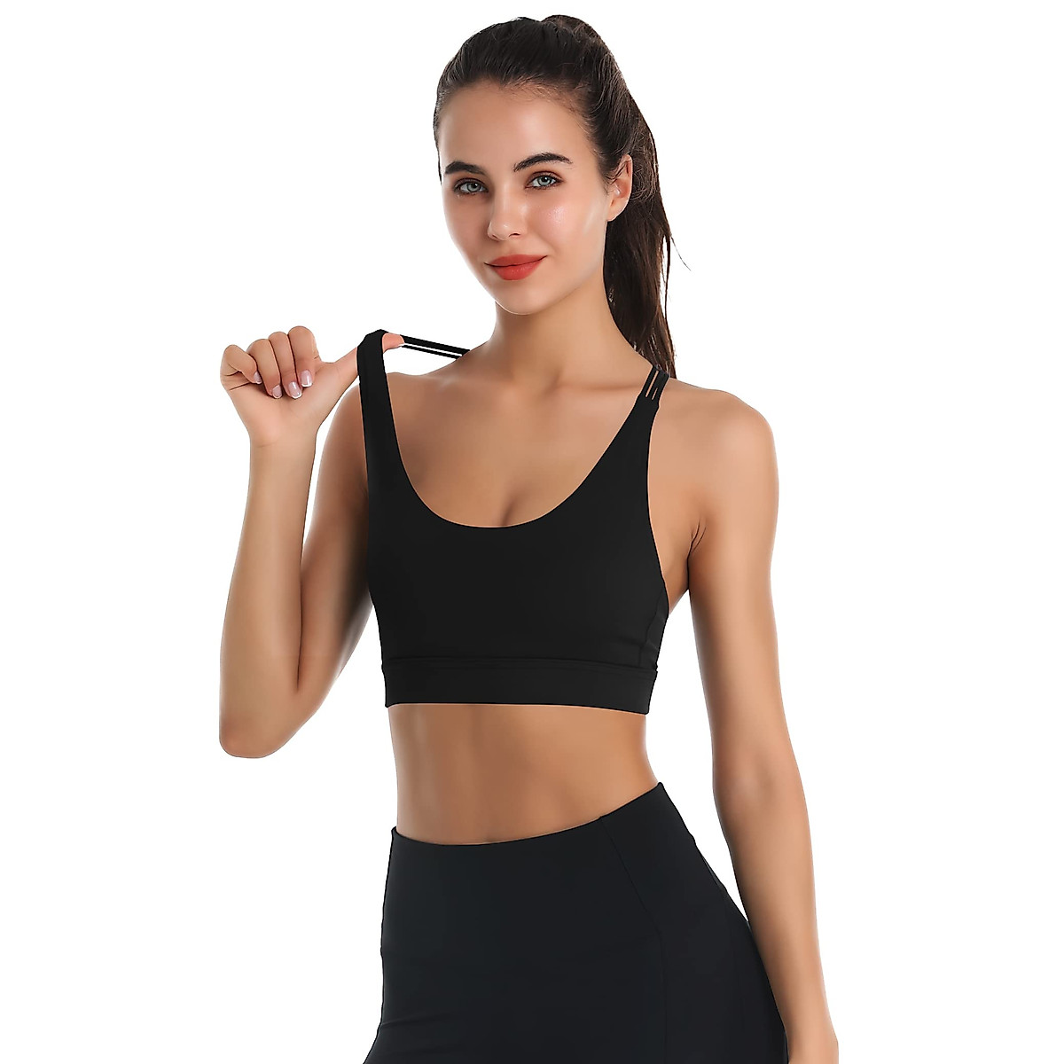 LEXISLOVE Strappy Sports Bras for Women Criss Cross Back Medium Support Workout Yoga Padded Sports Bra with Removable Cups Black L