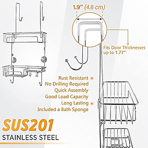 Shower Caddy over The Door, Stainless Steel Shower Caddy Organizer with Hooks for Razor, Bath Sponge & Towel, No Drilling, Heavy Duty/Rust Resistant Shower Caddy Storage Shelf for Bathroom/Toilet Room