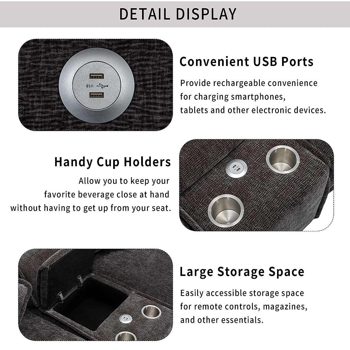 Merax Sectional Sofa Chenille Upholstered with 2 Removable Ottoman, 2 USB Ports, 2 Cup Holders Large Storage Box for Living Room, 112.6", Black