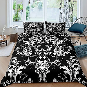 Feelyou Girls Damask Pattern Comforter Cover Boho Damask Bedding Set for Women Adults Black White Baroque Style Duvet Cover European Pattern Room Decor Queen Size Quilt Cover 3Pcs