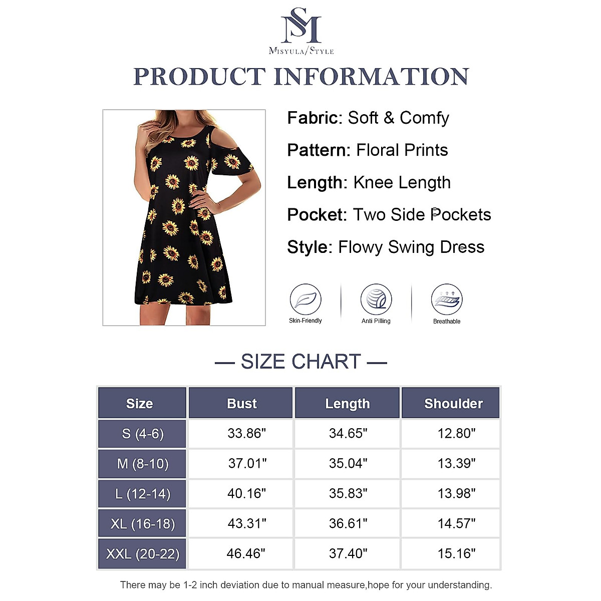 Sun Dresses for Women,Misyula Summer Cold Shoulder Hawaiian Dress Sunflower Print Relaxed Fit Flowy Casual Ladies Knee Length Boho Beach Party Casual Wear, A-Black Yellow,L