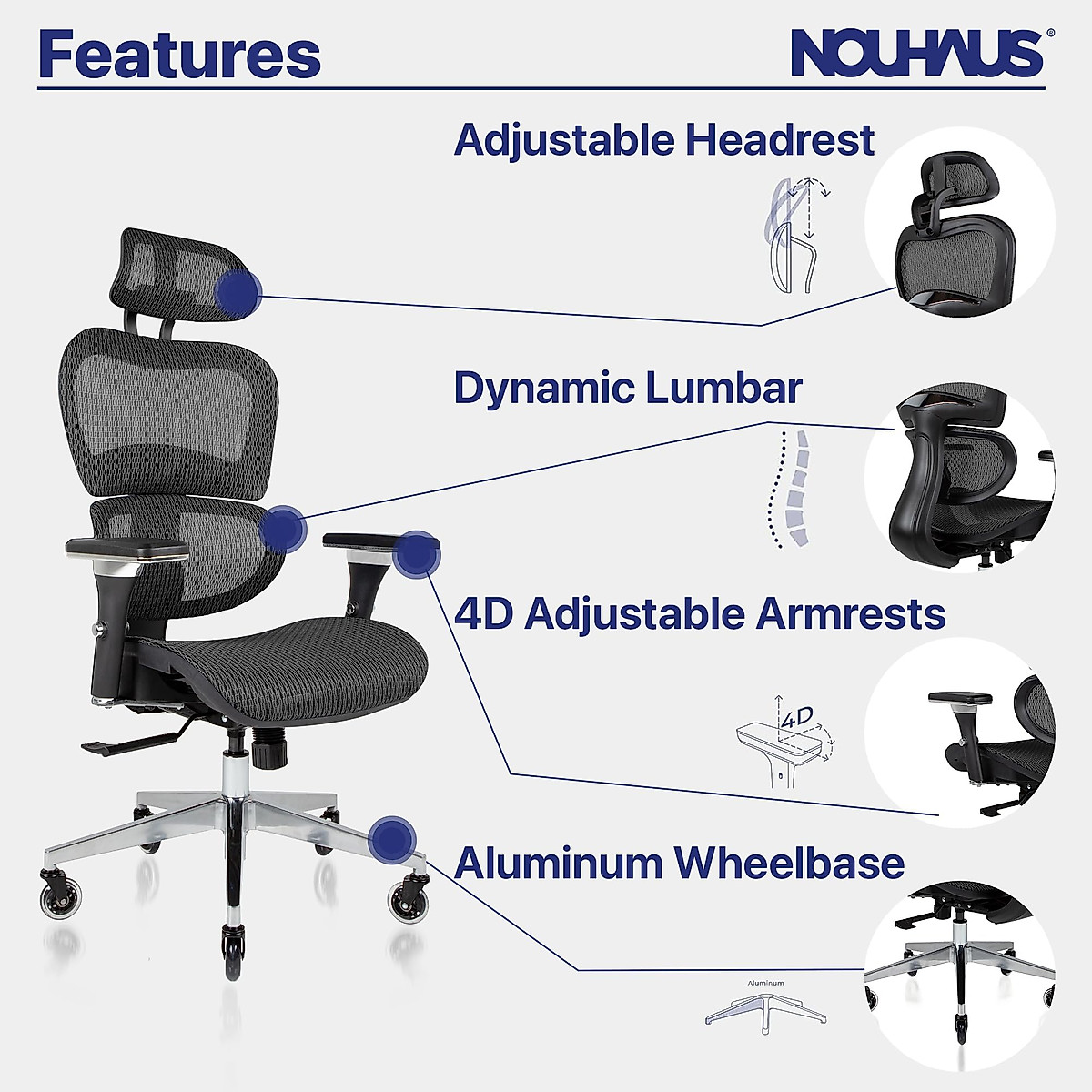 Nouhaus Ergonomic Office Chair with Lumbar Support High Back Mesh Desk Chair Best Desk Chair for Long Hours Adjustable Headrest and 4D Arms SGS Certified Gas Cylinder (Ergo3D Black)