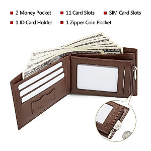 LAORENTOU Genuine Leather Wallets for Men Short Billfold Wallet with Zipper Pocket Mens Clutch Wallet Purses Credit Card Holders Gift for Father Day (01 Brown)