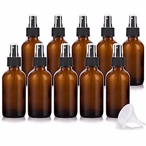 JUVITUS (10 pack) 4 oz Amber Glass Boston Round Bottle with Fine Mist Black Sprayer + Funnel