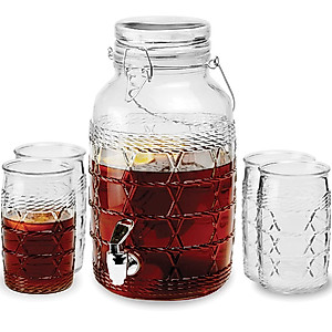 Circleware Wicker Entertainment Set, Beverage Dispenser With Hermetic Locking Lid And 4 Glasses, Glassware Pitcher for Water, Juice, Beer Wine Liquor, Kombucha & Cold Drinks, 128 oz & 4x16 oz
