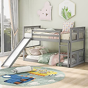 Tidyard Twin Over Twin Bunk Bed with Slide and Ladder, Wood Bed Frame Gray for Bedroom Dorm Guest Room Home Furniture