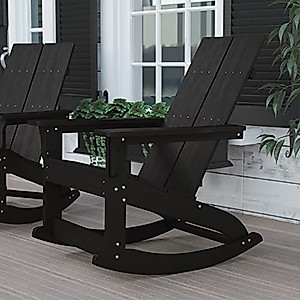 Flash Furniture Finn Modern Commercial Grade Poly Resin Wood Adirondack Rocking Chair - All Weather Black Polystyrene - Dual Slat Back - Stainless Steel Hardware