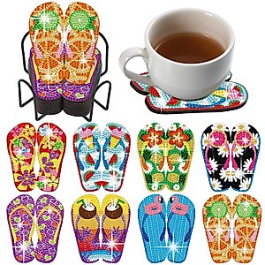 Shellwei 8 Pcs Flip Flop Diamond Art Coasters Summer Diamond Painting Coasters with Holder Hawaii Diamond Coasters Tropical Beach Diamond Coasters for Crafts Beginner Adults Kids Party Gift