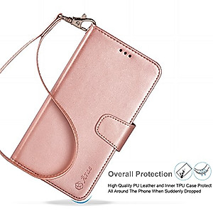 Arae Case for iPhone X/Xs, Premium PU Leather Wallet Case [Wrist Straps] Flip Folio [Kickstand Feature] with ID&Credit Card Pockets for iPhone X (2017) / Xs (2018) 5.8 inch Rose Gold