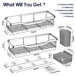 NESOMI Shower Caddy Adhesive Shower Organizer Bathroom Shower Shelves, Shelf for Inside Shower Storage with Soap Dish&16 Hooks, Rustproof Stainless Steel No Drilling Rack Home Decor 2 Pack Silver