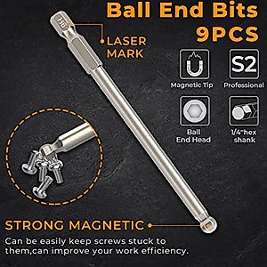 Tonsiki 9PCS Ball End Hex Head Allen Wrench Drill Bit Set, Metric S2 Steel Hex Bits Set, 1/4" Hex Shank Magnetic Screwdriver Bit Set for Assembling Furniture, 4'' Long - 1.5/2/2.5/3/4/5/6/8/10mm