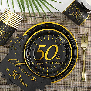 HOMIX 50th Birthday Plates and Napkins and Cups Sets Serves 30, 9" Dinner Paper Plates 7" Dessert Paper Plates 9 oz Cups 3 Ply Napkins 50th Birthday Party Supplies and Decorations for Men and Women