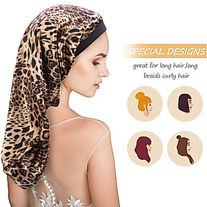 2 Pieces Sleeping Bonnet for Braids, Long Satin Bonnet Sleep Cap Soft Elastic Band Loose Cap Bonnets for Long Hair, Braids, Dreadlocks, Curly Hair (Leopard Print)