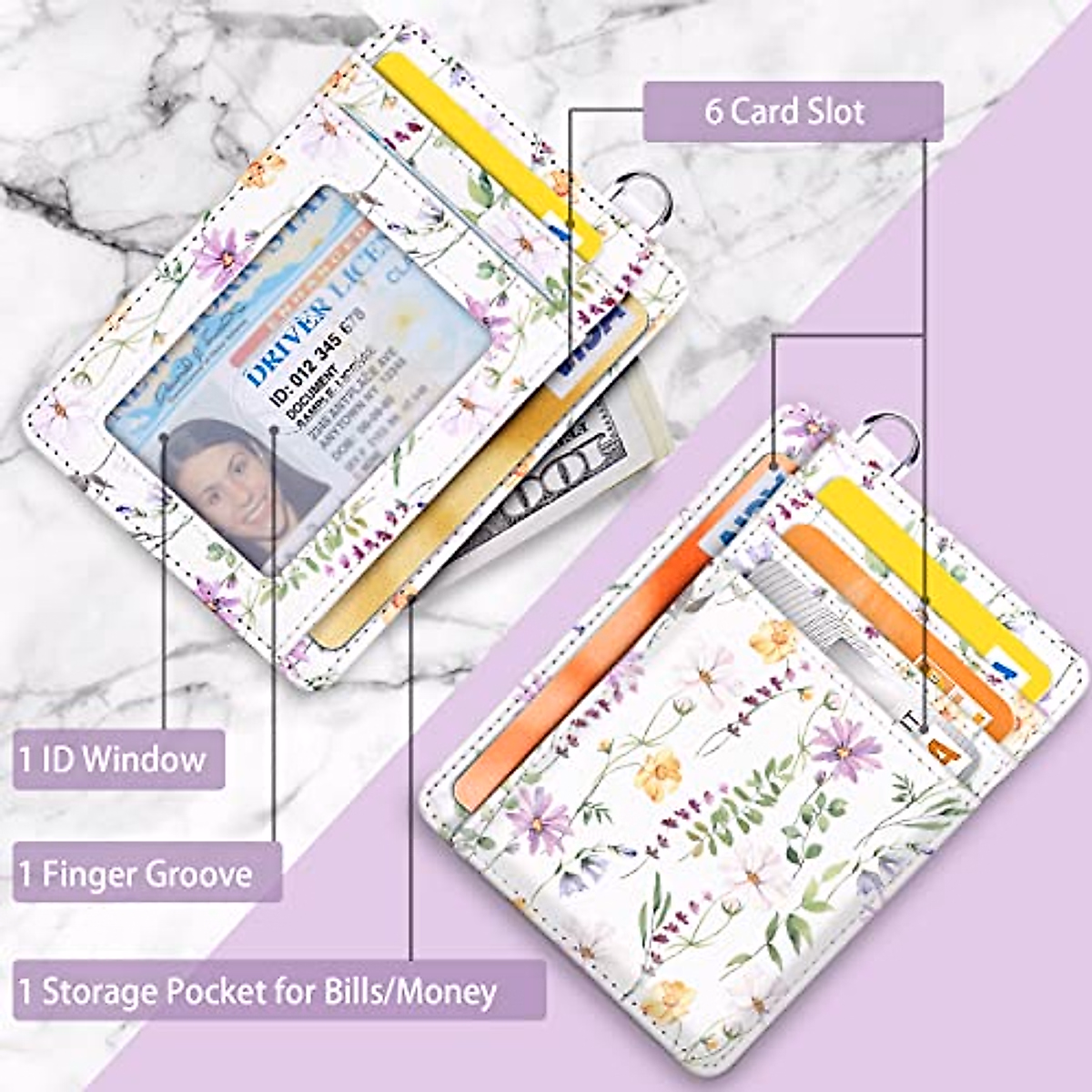 Coco Rossi Slim Front Pocket Wallet RFID ID Card Holder Cute Small Wallet with Keychian for Women,White Daisy