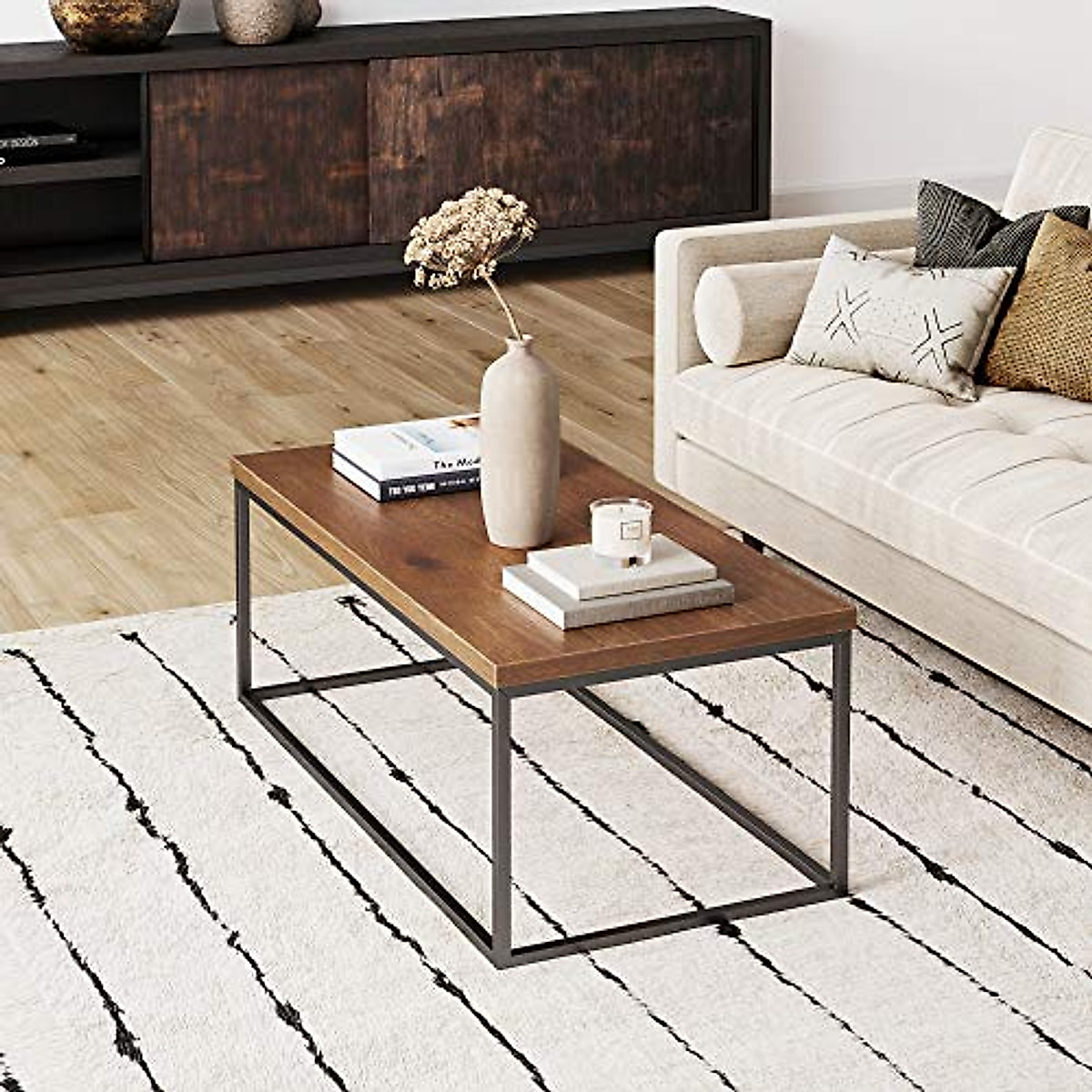 Nathan James Doxa Modern Industrial Coffee Table Wood in with Metal Rectangle Frame, Dark Brown/Black
