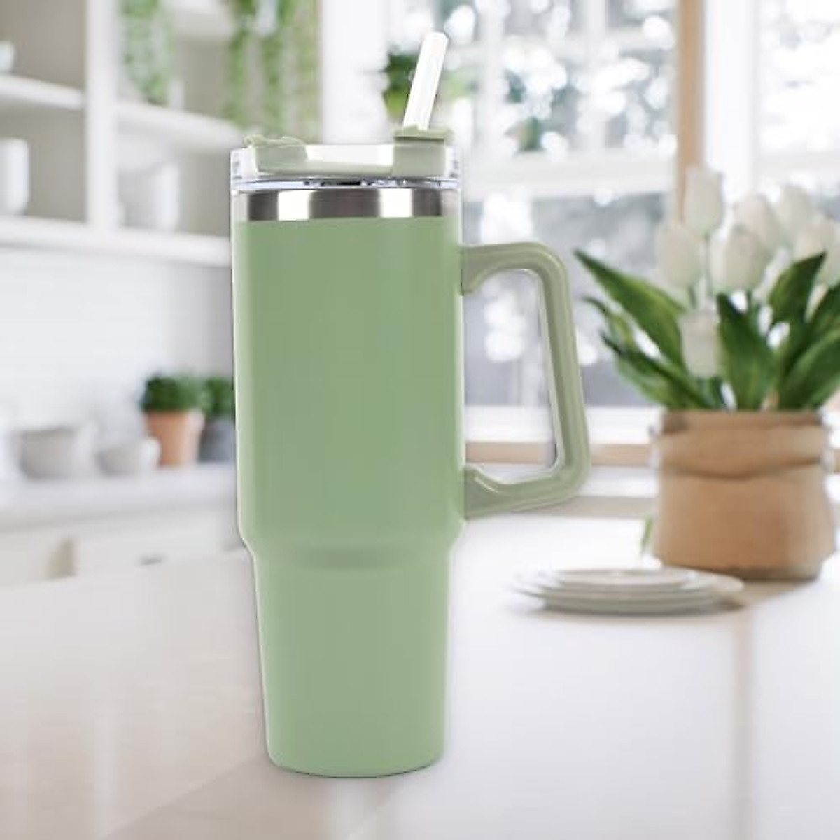 Envie 30 oz Tumbler Mug with Lid and Straw, Reusable Insulated Mug with Handle, Stainless Steel Tumbler for Iced & Hot Beverages, Sage Green
